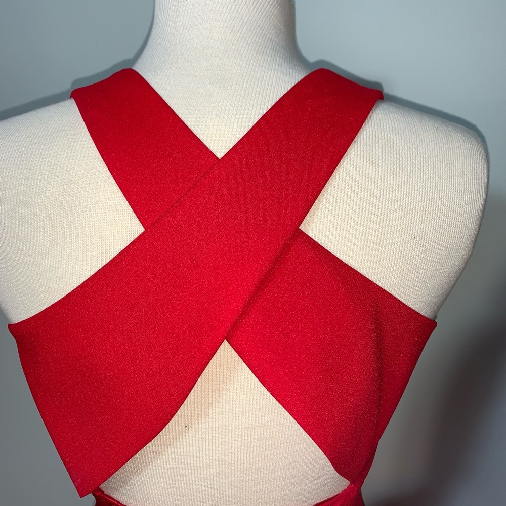 Red Color Block Evening Dress Criss Cross Back - Gem